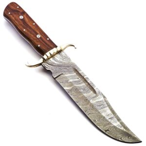 skokie knives custom hand made damascus steel hunting bowie knife handle walnut wood with mosic pins and brass guard