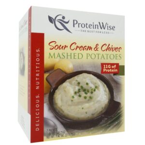 proteinwise sour cream and chives mashed potatoes, high protein, fat free, cholesterol free, low sugar, weight loss, bariatric, diabetic, diet healthy snack, 7 servings/box