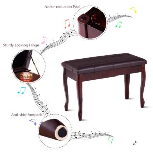 GOFLAME Piano Bench Stool with Padded Cushion and Music Storage, Heavy Duty Piano Duet Seat with PU Leather Padded Seat and Solid Wooden Legs, Perfect for Home Use (Brown)