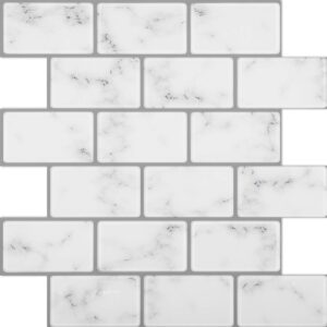 lagute 5-sheet 12" x 12" thicker design stick on backsplash tiles, peel and stick wall tiles, marble white subway tile with grey grout for kitchen and bathroom