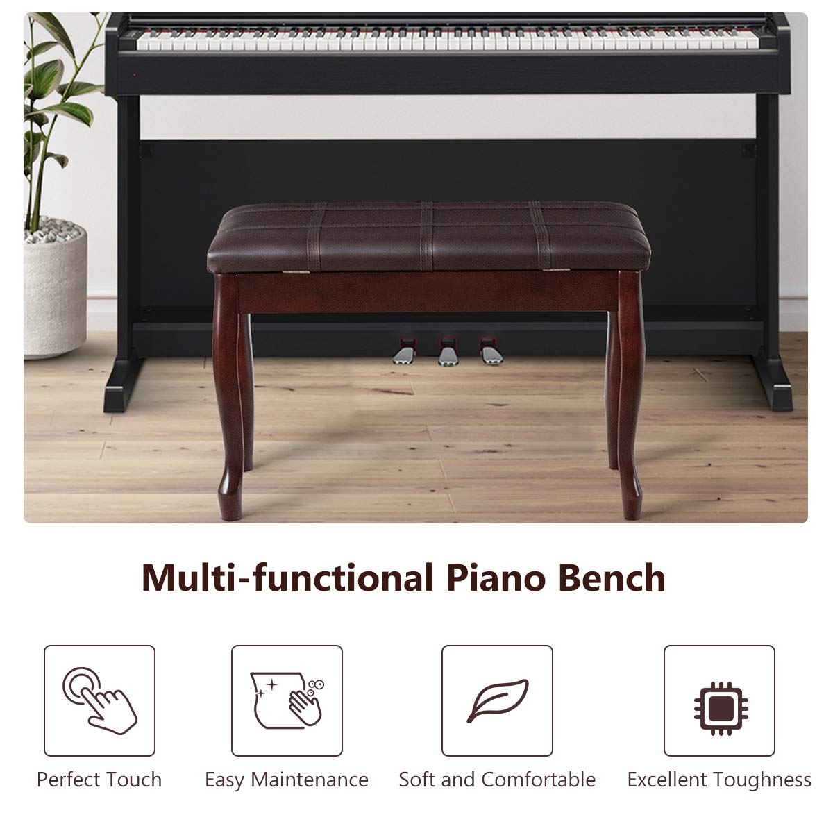 GOFLAME Piano Bench Stool with Padded Cushion and Music Storage, Heavy Duty Piano Duet Seat with PU Leather Padded Seat and Solid Wooden Legs, Perfect for Home Use (Brown)