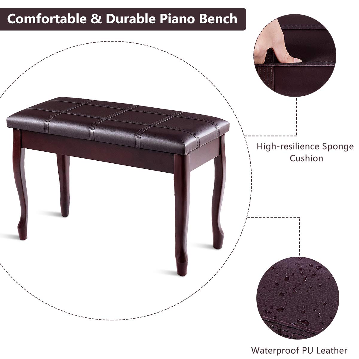 GOFLAME Piano Bench Stool with Padded Cushion and Music Storage, Heavy Duty Piano Duet Seat with PU Leather Padded Seat and Solid Wooden Legs, Perfect for Home Use (Brown)