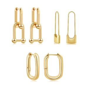 sloong 3 pairs 14k gold plated u shape y2k style chunky earring link chain circle hoop earrings jewelry drop dangle earrings set for women