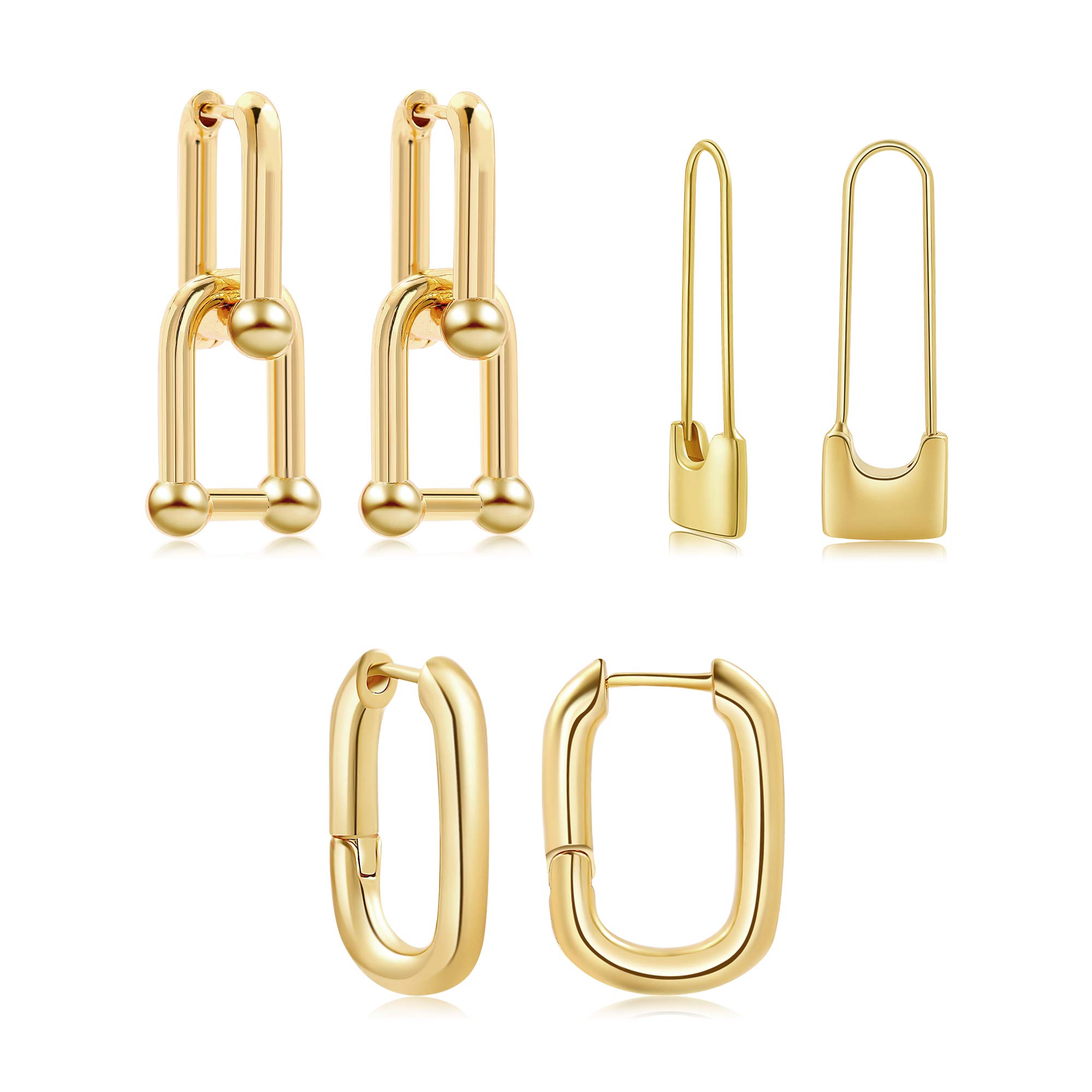 SLOONG 3 Pairs 14k Gold Plated U Shape Y2K Style Chunky Earring Link Chain Circle Hoop Earrings Jewelry Drop Dangle Earrings Set for Women