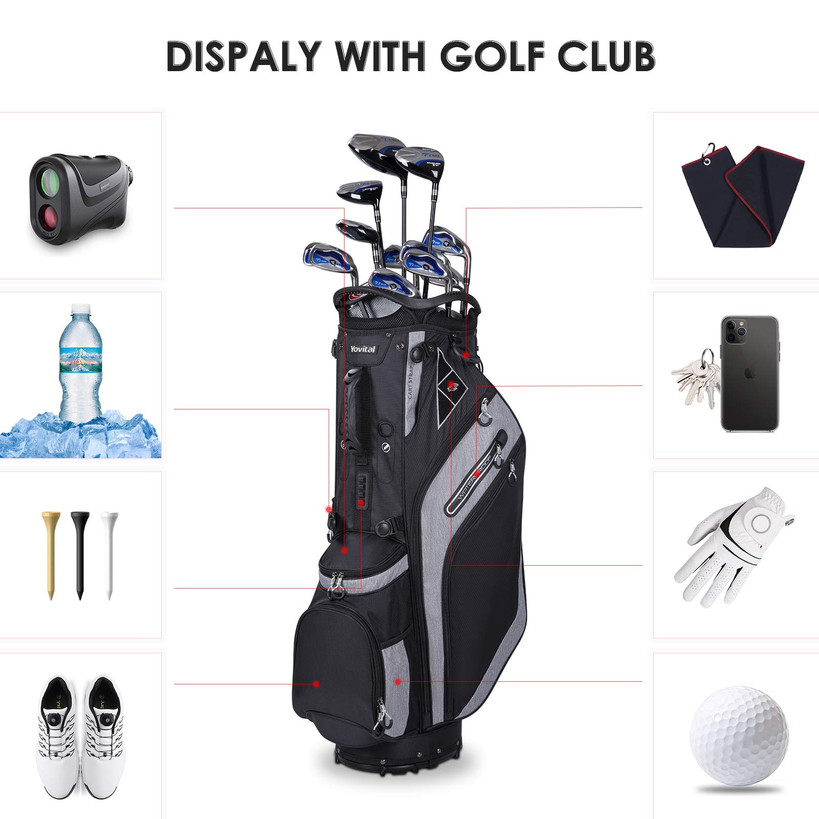 Yovital Golf Stand Bag 14 Way Top Dividers Ergonomic with Stand 8 Pockets, Dual Strap, Rain Hood (Black)