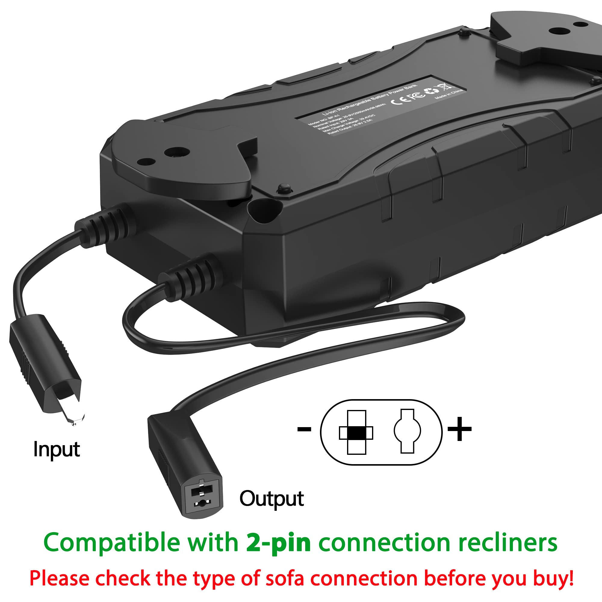 2500mAh Battery Pack for Reclining Furniture Universal Wireless Recliner Battery Pack Charger for Electric Recliner, Sofas, Lift Chairs, Couch Suitable for 2-Pin Connection