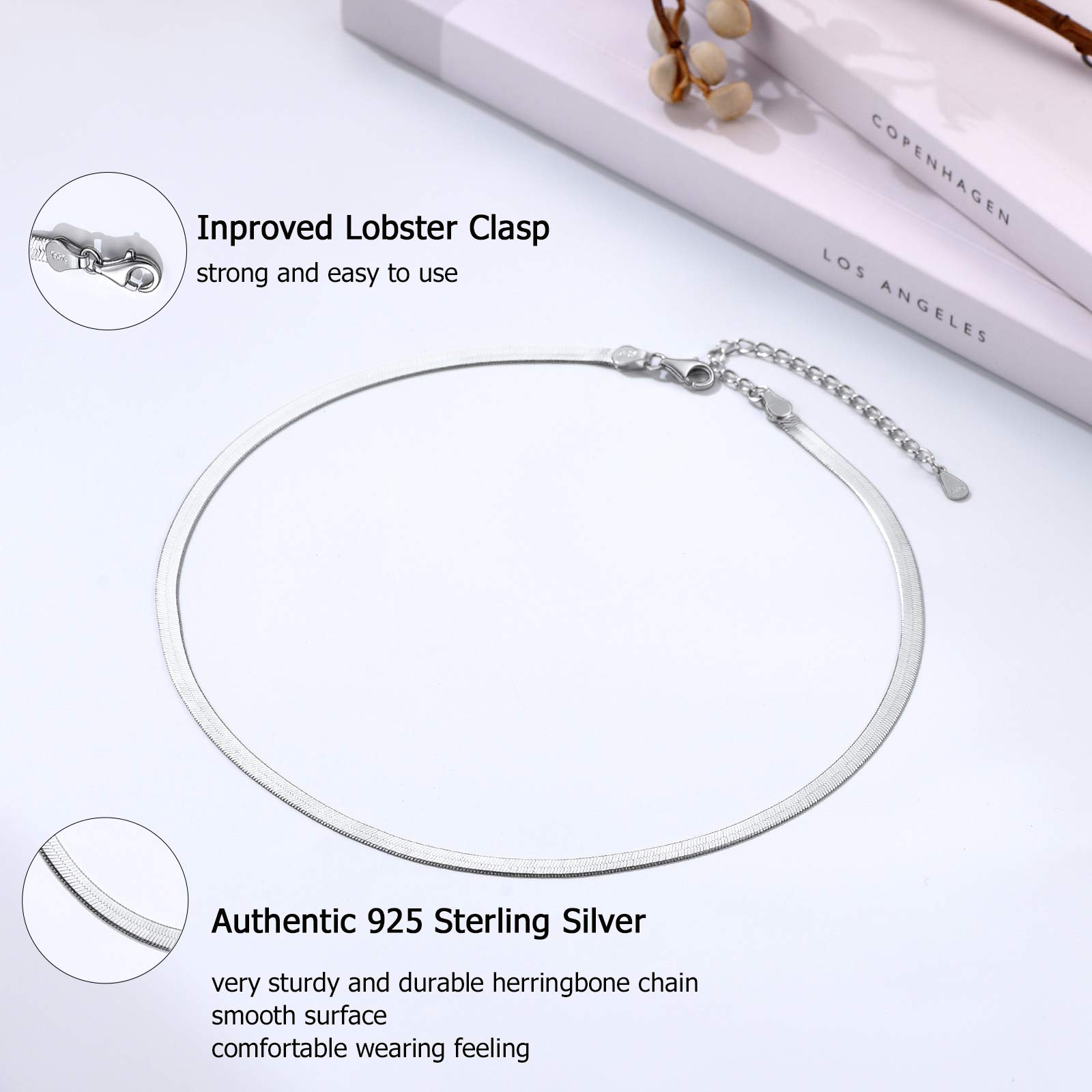 PROSTEEL 925 Sterling Silver Choker Necklace For Women 3mm Flat Chains Dainty 12inch Herringbone Snake Chain Chocker