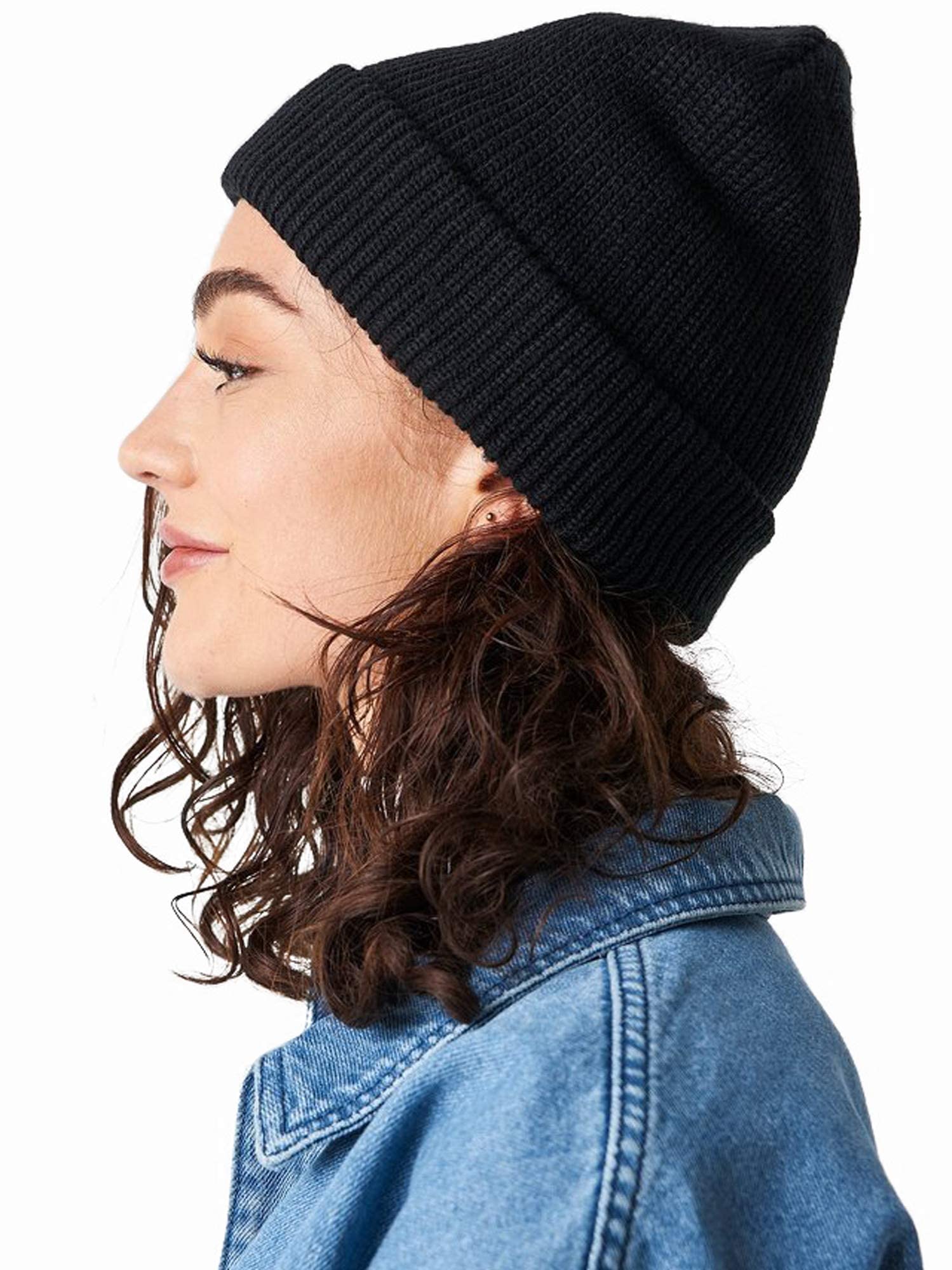 Moss Rose Beanie Hat for Men Women Cuffed Chunky Plain Skull Hats Unisex Winter Warm Knit Cap Womens Soft Beanies Black