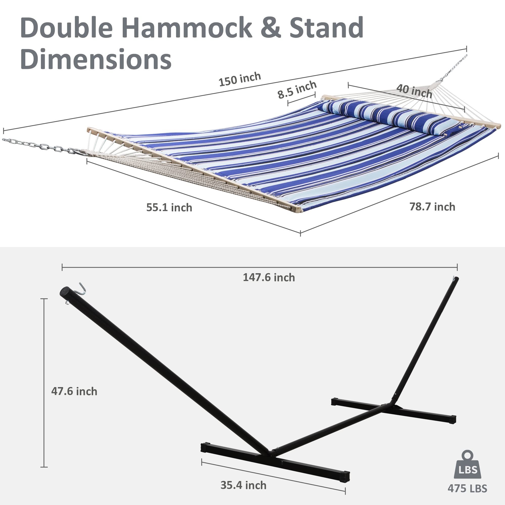 SUNCREAT Two Person Hammock with Stand Heavy Duty, Free Standing Hammocks Outdoors for 2 Person, Max 475lbs Capacity, Blue Stripes