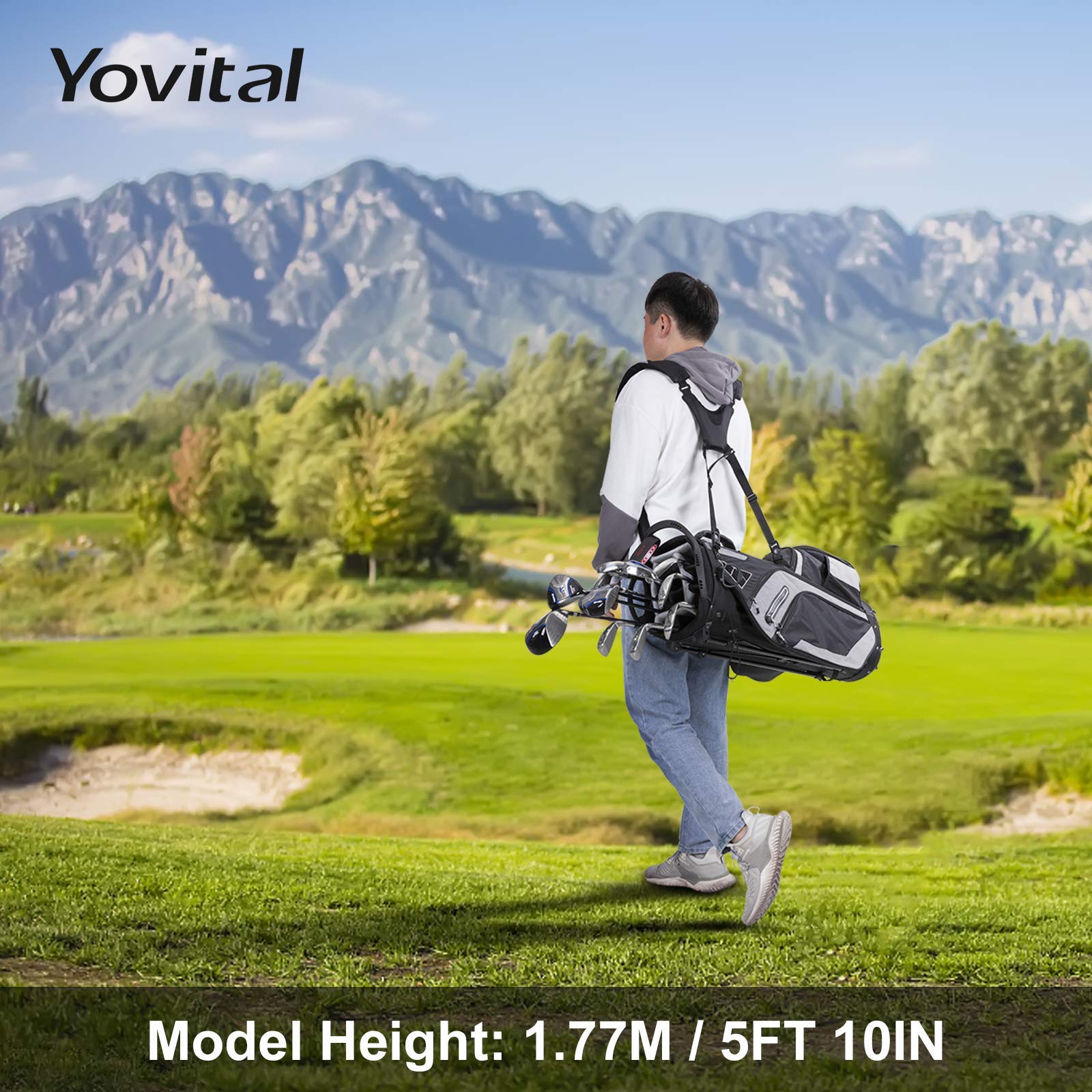 Yovital Golf Stand Bag 14 Way Top Dividers Ergonomic with Stand 8 Pockets, Dual Strap, Rain Hood (Black)