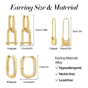 SLOONG 3 Pairs 14k Gold Plated U Shape Y2K Style Chunky Earring Link Chain Circle Hoop Earrings Jewelry Drop Dangle Earrings Set for Women