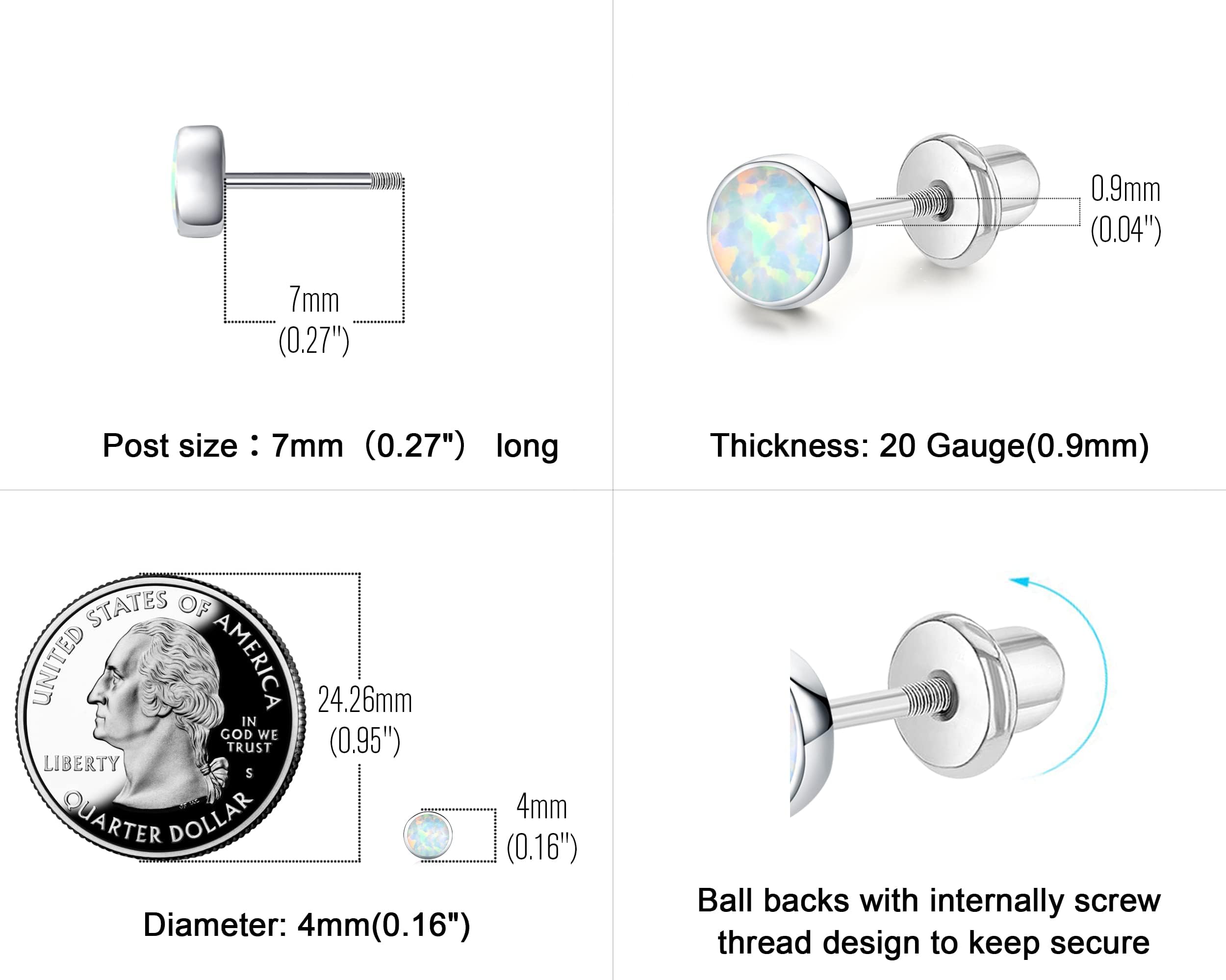 TANGPOET Rose Gold Screw Back Stud Earrings for Women Tiny Comfy White Opal Earrings 925 Sterling Silver Hypoallergenic Earring for Sensitive Ears Birthday Gifts for Ladies