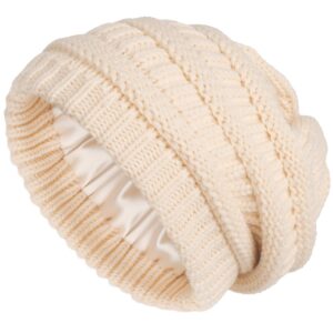 winter knit beanie for women satin lined cable thick chunky cap mens soft lined slouchy warm hat beige