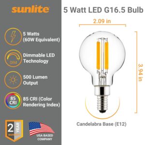 Sunlite 41547-SU LED G16.5 G16 1/2 Filament Style Globe Light Bulb, 5 Watts (60W Equivalent), 500 lumens, Dimmable, Candelabra Base (E12), UL Listed, 3000K Warm White, 6 Count