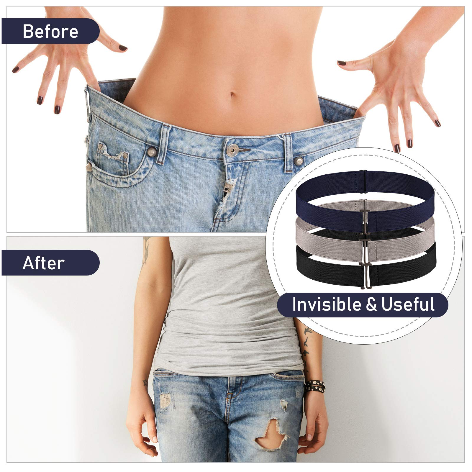 SATINIOR 3 Pieces elastic belt for women Elastic Waist Belt Invisible No Show Belt Adjustable Stretch Free-Buckle Belt for Jeans Pants Dresses Skirts