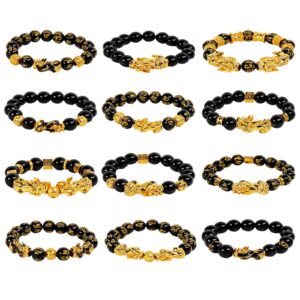 newitin 12 pieces feng shui bracelets for men lucky bracelet obsidian wealth bracelet amulet bracelet hand carved pi xiu bracelet for men and women