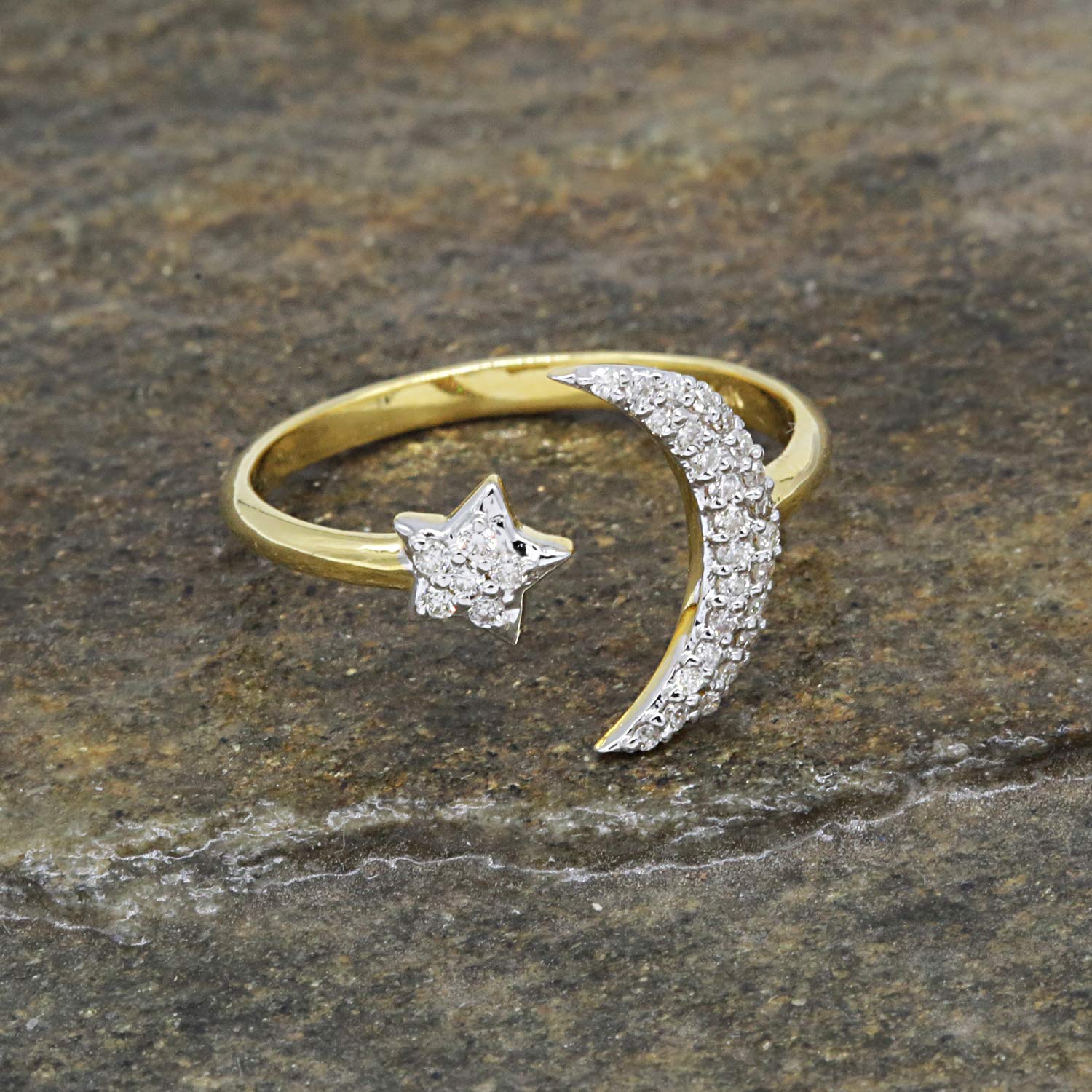 Certified 14K Yellow Gold Moon Star Stackable Ring 0.11 Carat Natural Real Diamonds (H I Color, Vs2 Si1 Clarity) Proposal Gift Women Jewelry