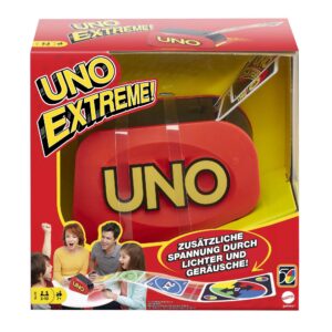 uno extreme card game featuring random-action launcher with lights & sounds & 112 cards, kid, teen & adult game night gift ages 7 years & older, gxy75