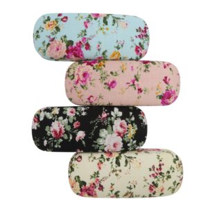 DODOGA 4 Pieces Spectacle Case Portable Hard Shell Eyeglasses Case Floral Flower Fabric Covered Clam Shell Style Eyeglass Case Spectacles Box Eyewear Protector Box for Kids, Women, Girls