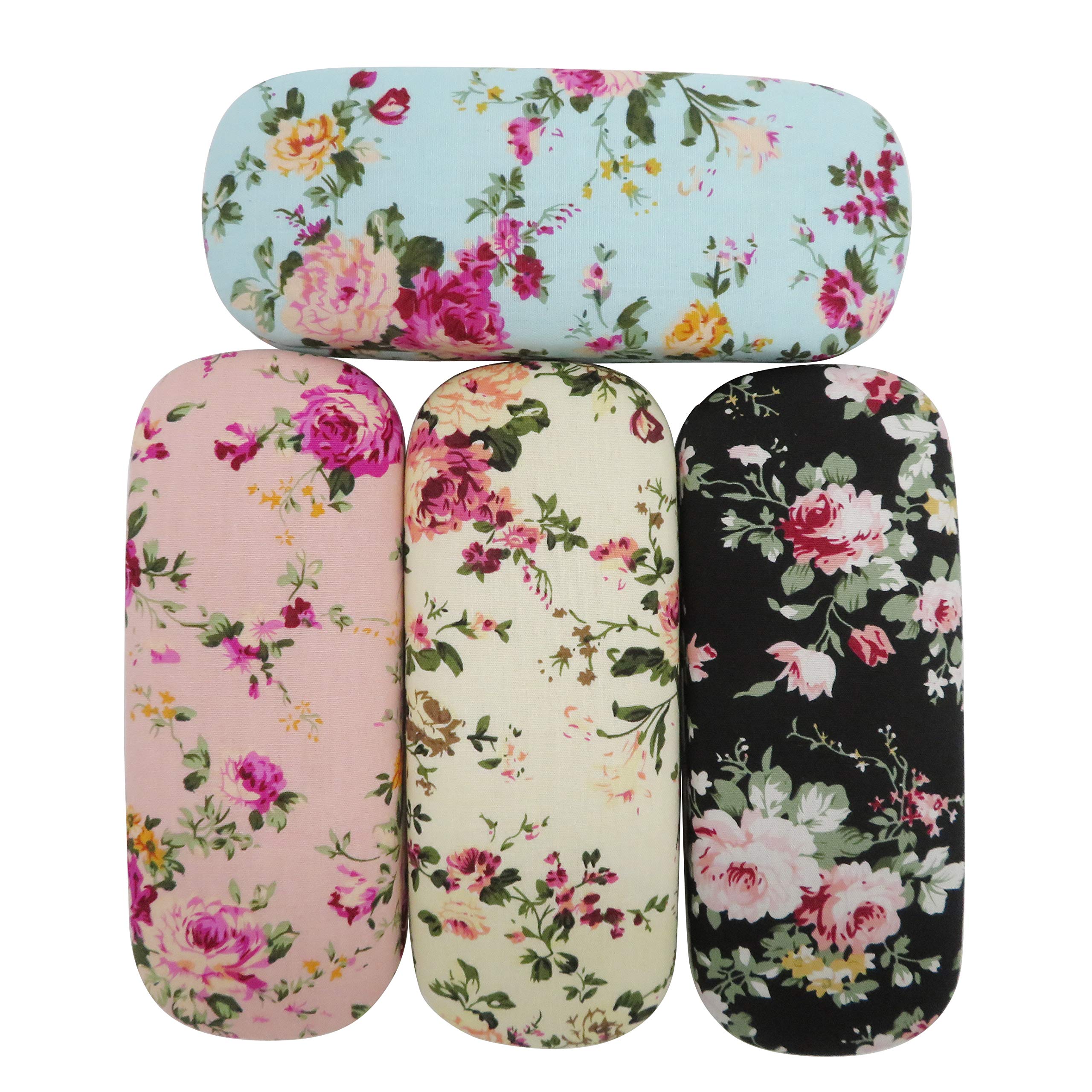 DODOGA 4 Pieces Spectacle Case Portable Hard Shell Eyeglasses Case Floral Flower Fabric Covered Clam Shell Style Eyeglass Case Spectacles Box Eyewear Protector Box for Kids, Women, Girls