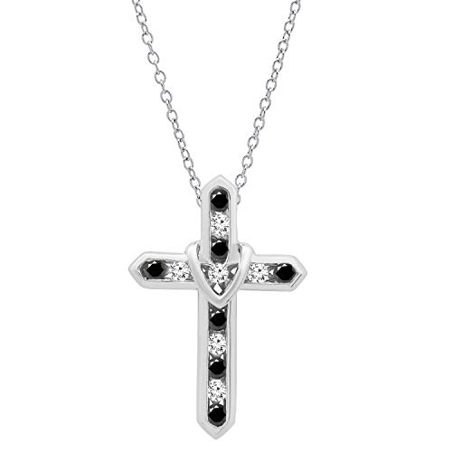 Dazzlingrock Collection Round Black Diamond & White Sapphire Ladies Heart And Cross Pendant (Gold Chain Included), 18K White Gold