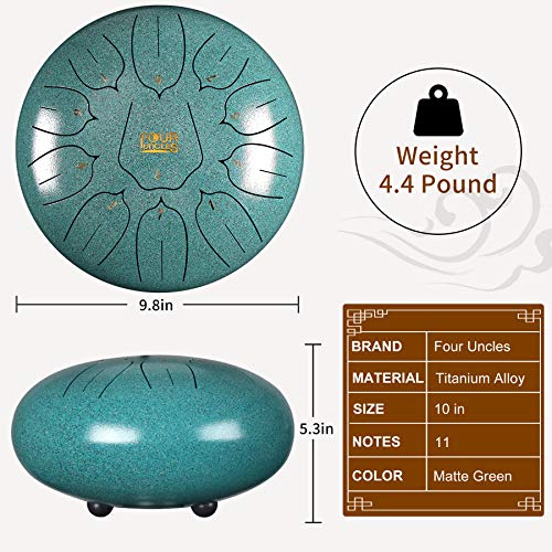 FOUR UNCLES Steel Tongue Drum 10 Inch 11 Notes Hand Pan Drums with Travel Bag Sticks Music Book Mallets, D Major Musical Instruments for Entertainment Meditation Yoga Zen Gifts (Malachite)