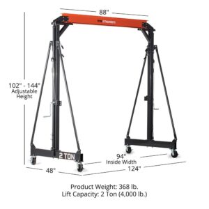 Titan Attachments Telescoping Gantry Crane, 2 Ton Capacity, Shop Lift Hoist Rated 2,000 LB, Portable Design with Locking Wheels, Adjustable Height up to 12 FT, Durable Steel Construction, Frame Only