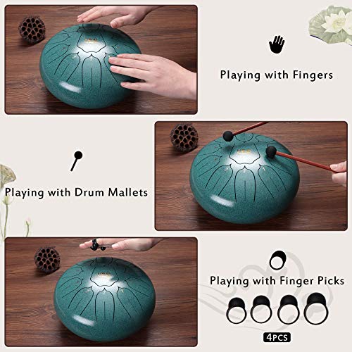 FOUR UNCLES Steel Tongue Drum 10 Inch 11 Notes Hand Pan Drums with Travel Bag Sticks Music Book Mallets, D Major Musical Instruments for Entertainment Meditation Yoga Zen Gifts (Malachite)