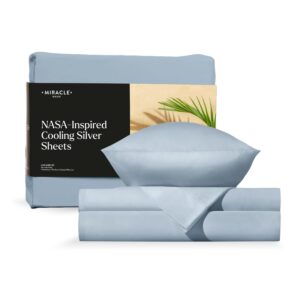 miracle made® luxe cooling bed sheets –sky blue,queen– 4 piece silver infused, 300-thread-count thermoregulating miracle clean & cool ™ eucalyptus fabric sensitive skin ultra-breathable bedding