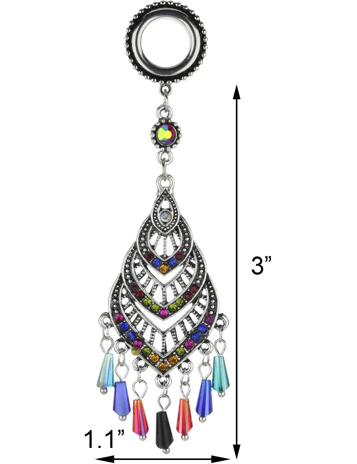 1/2 inch 12mm 316L Surgical Steel Bohemian Multicolor Crystal Tassel Dangle Ear Gauges Piercing Flesh Tunnels Plugs Statement Earrings