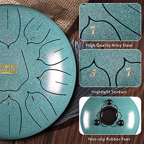 FOUR UNCLES Steel Tongue Drum 10 Inch 11 Notes Hand Pan Drums with Travel Bag Sticks Music Book Mallets, D Major Musical Instruments for Entertainment Meditation Yoga Zen Gifts (Malachite)