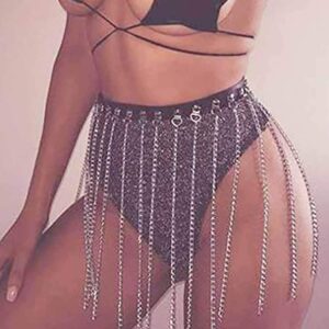 ludress punk leather waist chain tassel dance skirt black belt belly chain hip body chain rave body jewelry for women and girls