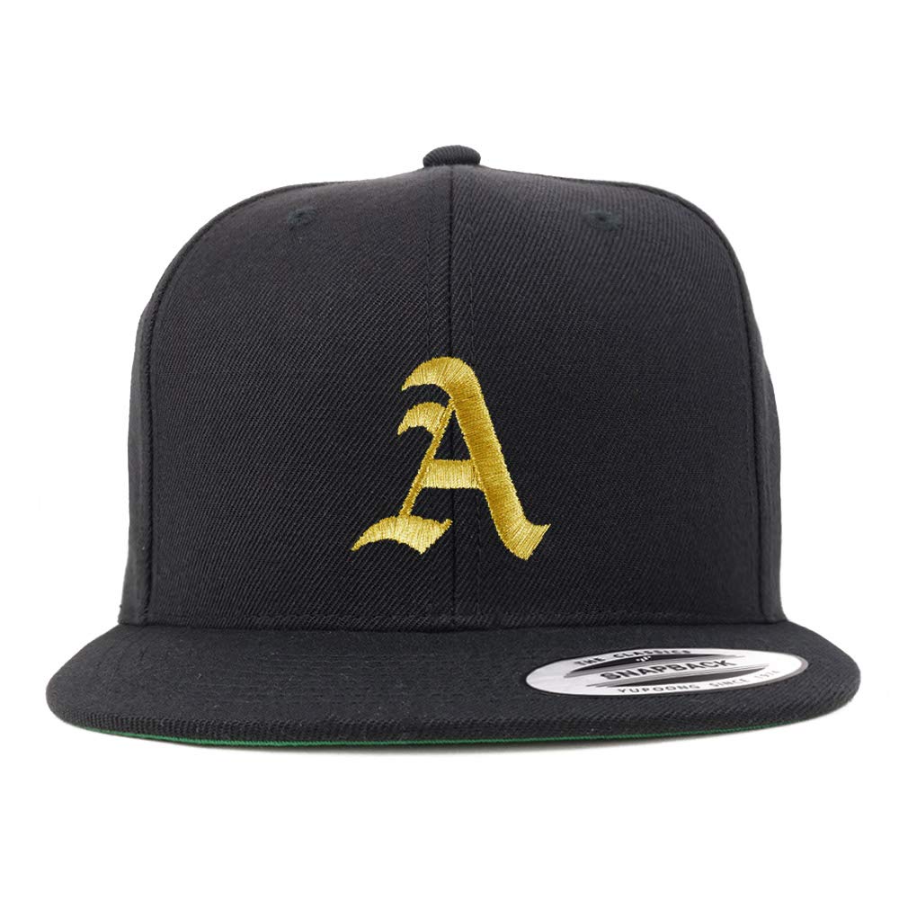 Trendy Apparel Shop Old English Gold A Embroidered Snapback Flatbill Baseball Cap - Black