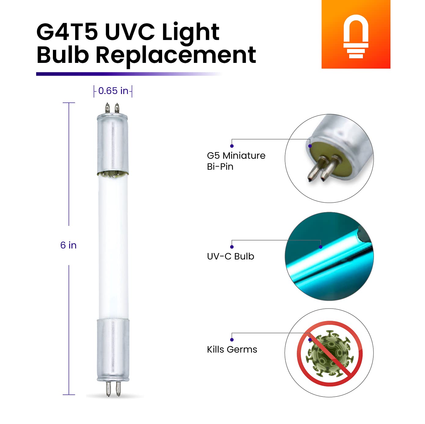 lumenivo G4T5 UVC Light Bulb Replacement 4 Watts Germicidal UV Light - G5 Miniature Bi-Pin - T5 UVC Lamp Replacement - 2 Pack