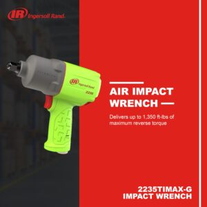 Ingersoll Rand 2235TiMAX-G 1/2” Drive Air Impact Wrench, Lightweight 4.6 lb Design, Powerful Torque Output Up to 1,350 ft/lbs, Titanium Hammer Case, Max Control, Hi-Visibility Red , Green