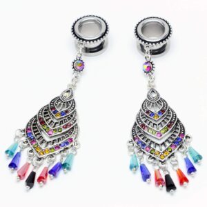 1/2 inch 12mm 316L Surgical Steel Bohemian Multicolor Crystal Tassel Dangle Ear Gauges Piercing Flesh Tunnels Plugs Statement Earrings