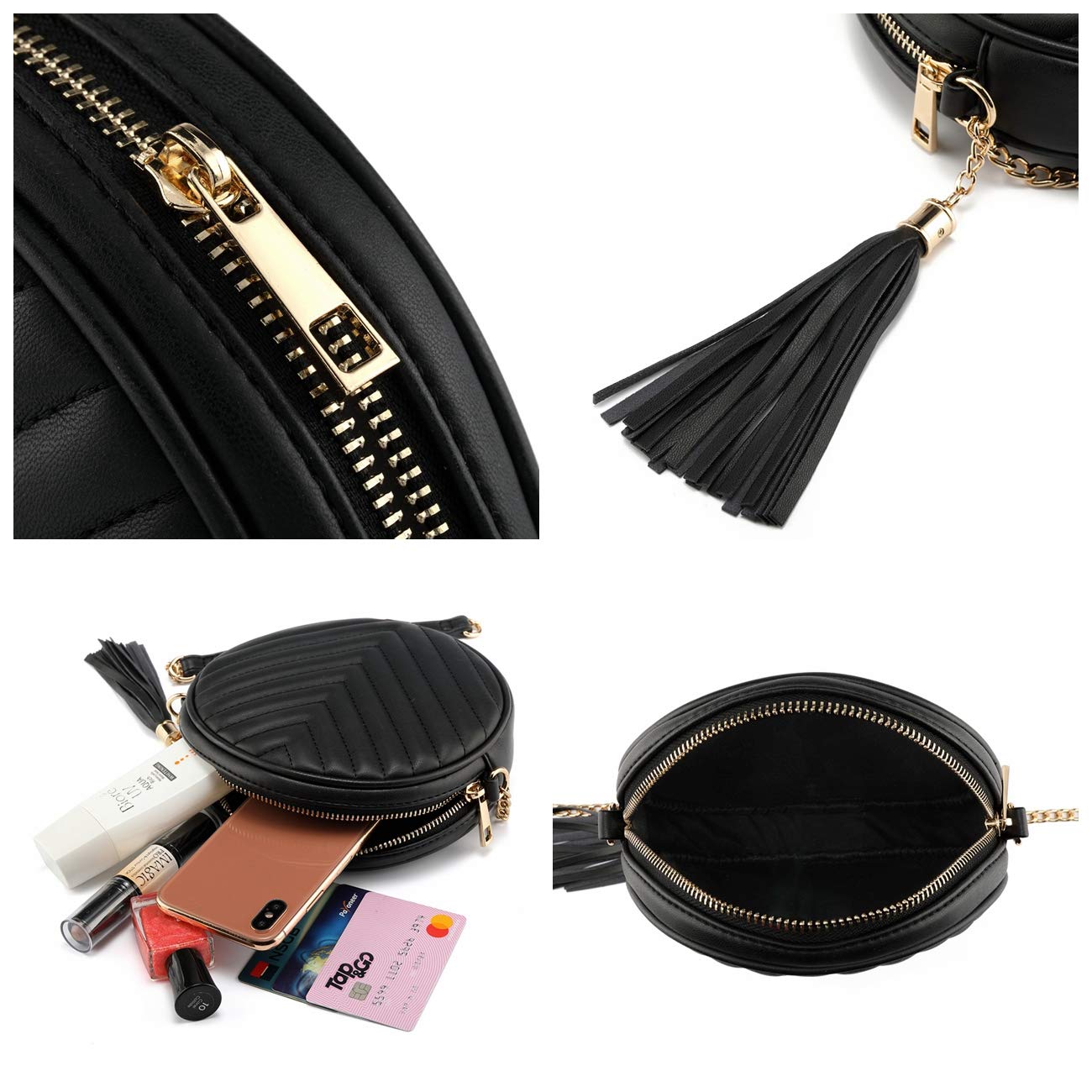 Ayliss Women Crossbody Shoulder Bag Circle Tassel Purse Clutch Evening Small PU leather Handbag Fashion Wallet With Chain (Black #1)