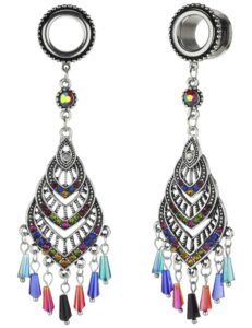 1/2 inch 12mm 316l surgical steel bohemian multicolor crystal tassel dangle ear gauges piercing flesh tunnels plugs statement earrings