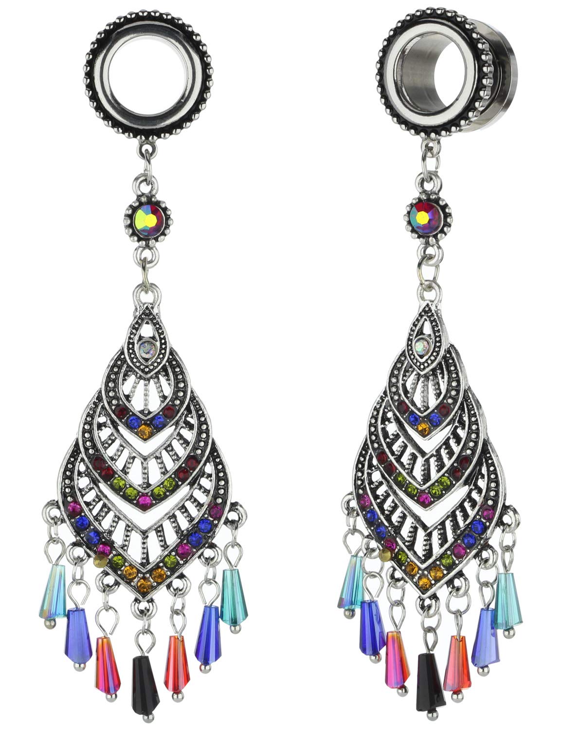 1/2 inch 12mm 316L Surgical Steel Bohemian Multicolor Crystal Tassel Dangle Ear Gauges Piercing Flesh Tunnels Plugs Statement Earrings