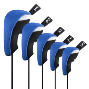 andux 5pcs/set golf 460cc driver fairway wood club head covers short neck blue