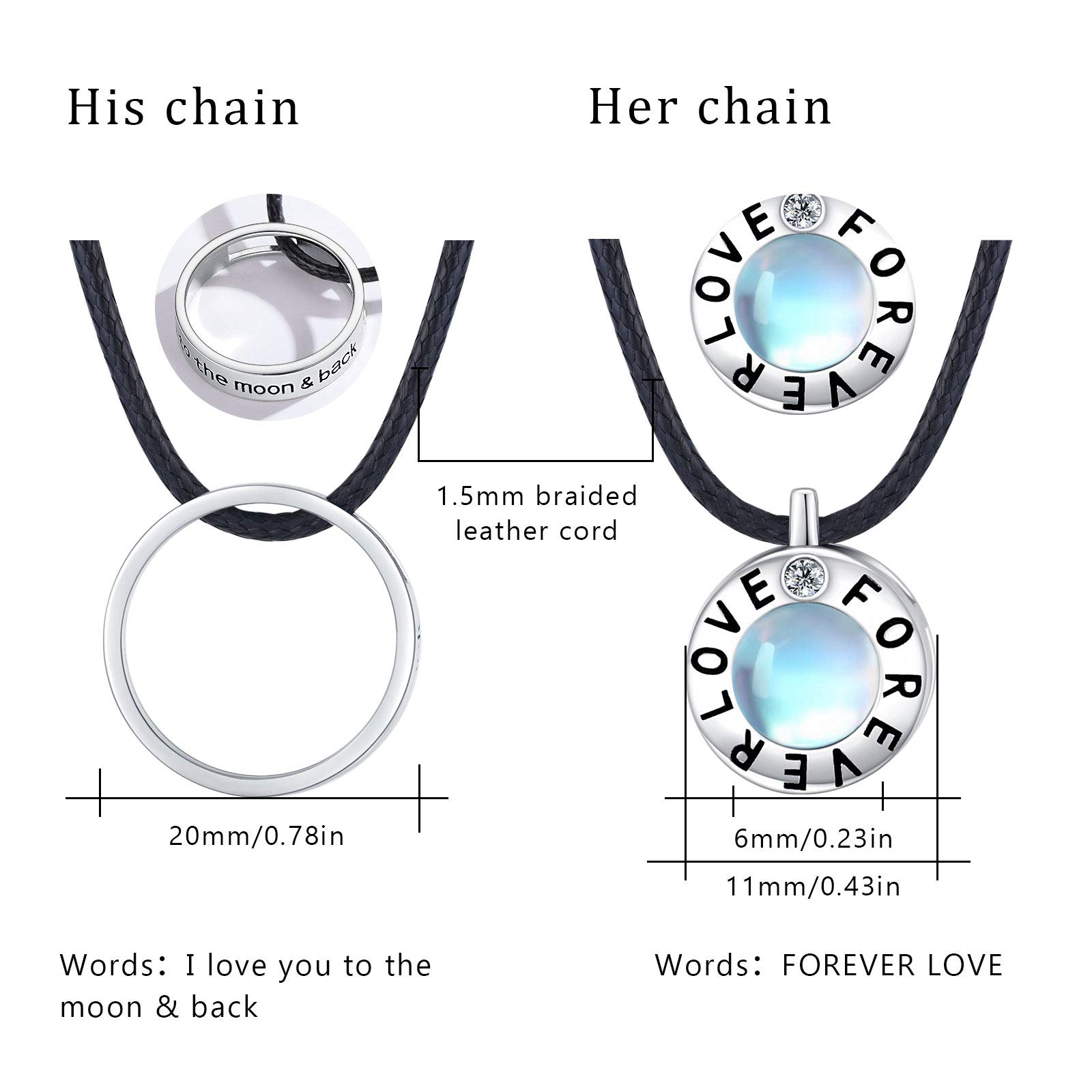 CUOKA MIRACLE Couple Necklace for Women 925 Sterling Silver Moonstone Matching Necklace Promise for Her or Him Valentine's Day Jewelry for Women Men