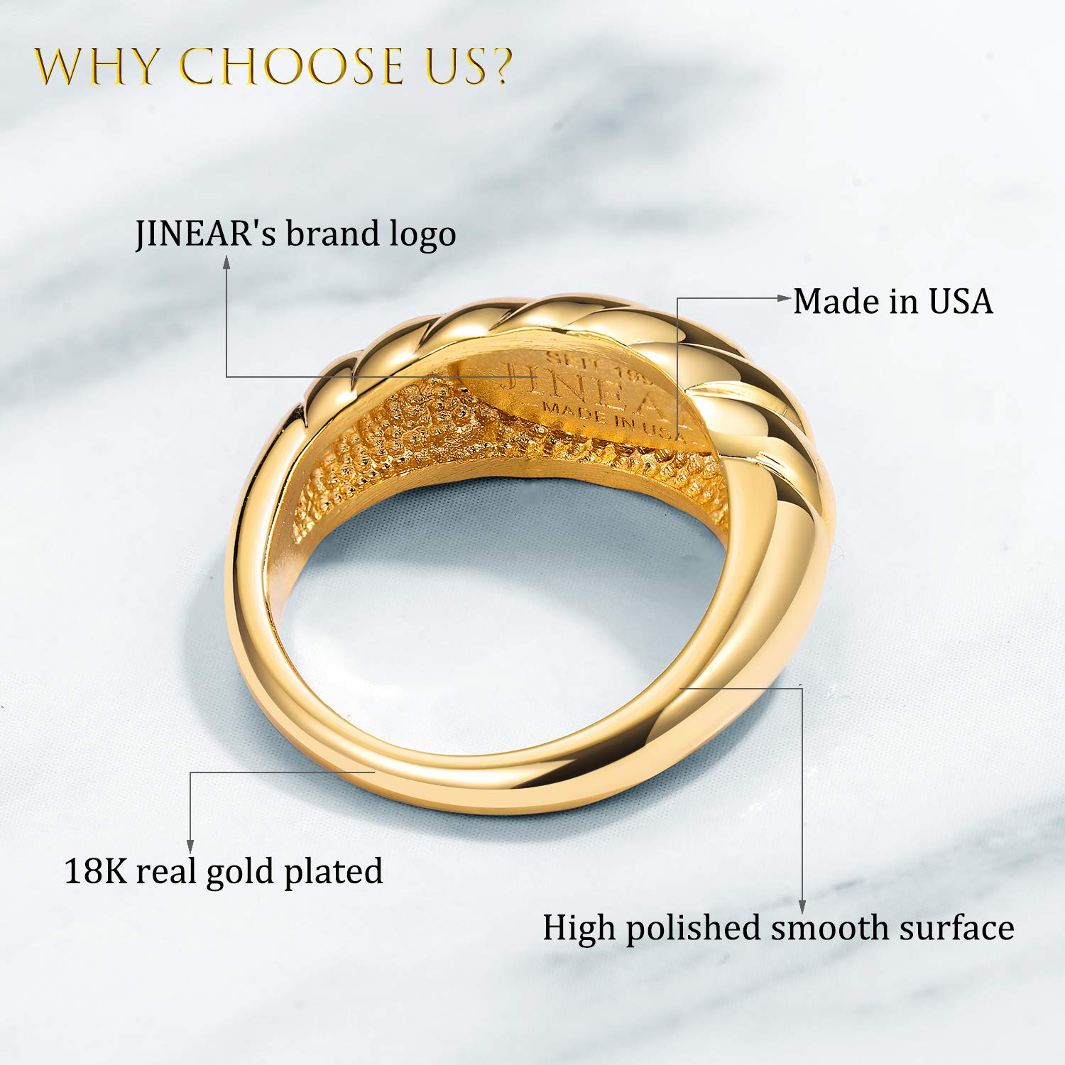 JINEAR 18k Gold Plated Croissant Braided Twisted Signet Chunky Dome Ring Stacking Star Band for Women and Men Statement Wedding Ring Minimalist Jewelry（Croissant ring，10）