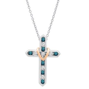 dazzlingrock collection round blue diamond & white sapphire ladies heart and cross pendant (silver chain included), 10k white & rose gold