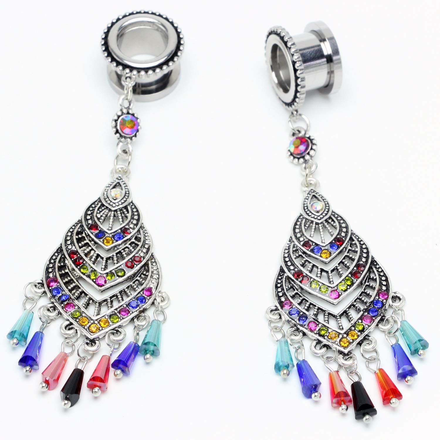 1/2 inch 12mm 316L Surgical Steel Bohemian Multicolor Crystal Tassel Dangle Ear Gauges Piercing Flesh Tunnels Plugs Statement Earrings