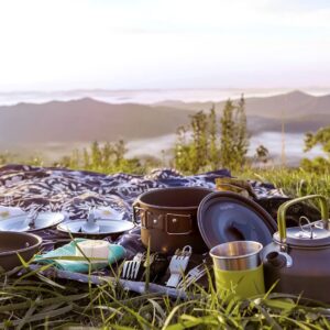 G4Free 19PCS Camping Cookware Mess Kit Non-Stick Pot and Pan Set with Kettle Stainless Steel Cups Plates Forks Knives Spoons Lightweight for Hiking Backpacking Cooking Picnic