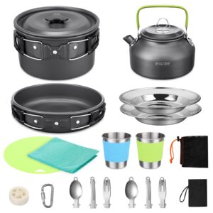 g4free 19pcs camping cookware mess kit non-stick pot and pan set with kettle stainless steel cups plates forks knives spoons lightweight for hiking backpacking cooking picnic