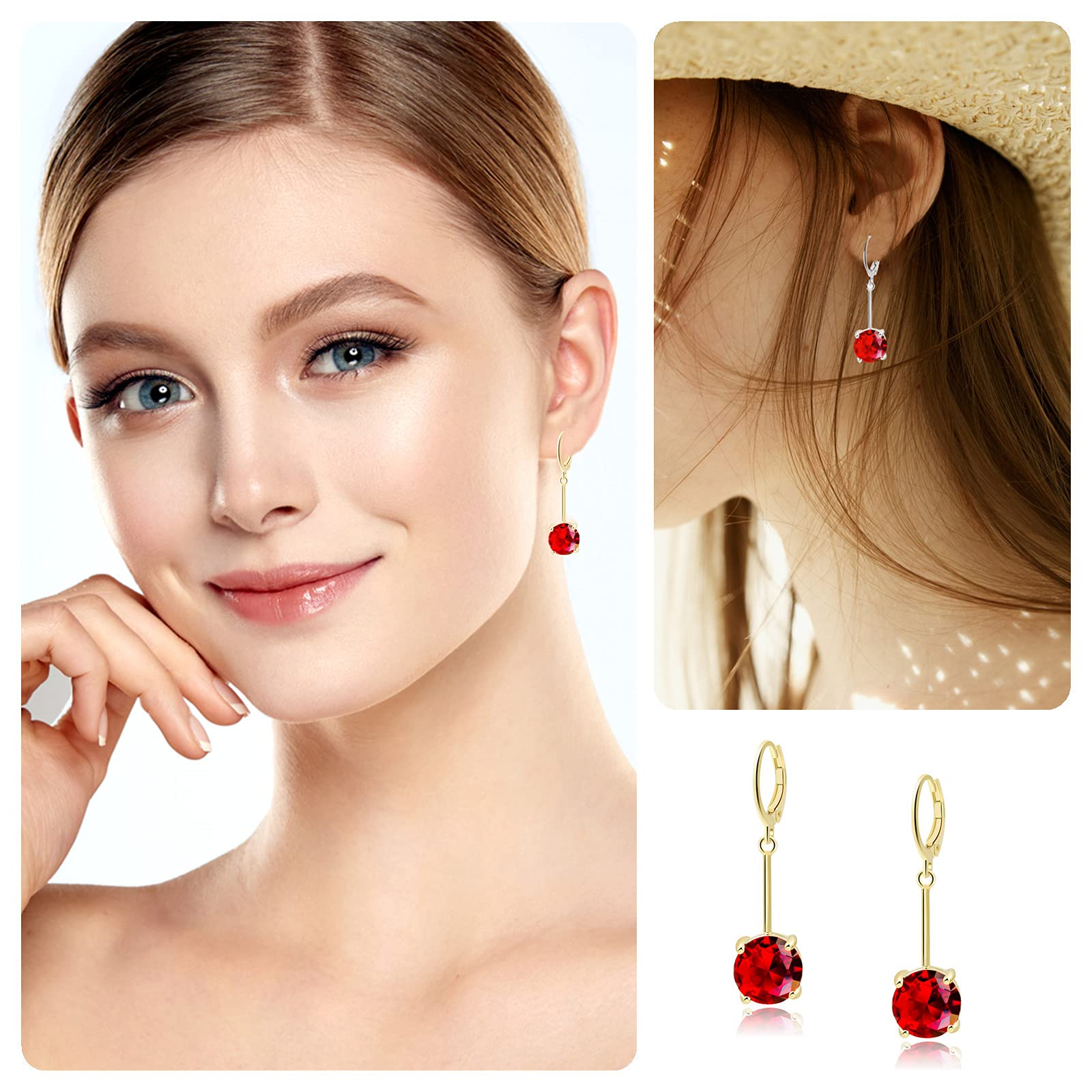 VONSSY Gemstone Drop Dangle Earrings | Platinum /Gold Plated Leverback Crystal Cubic Zirconia Hanging Red /Pink/Blue Earrings (Ruby Red - Gold)