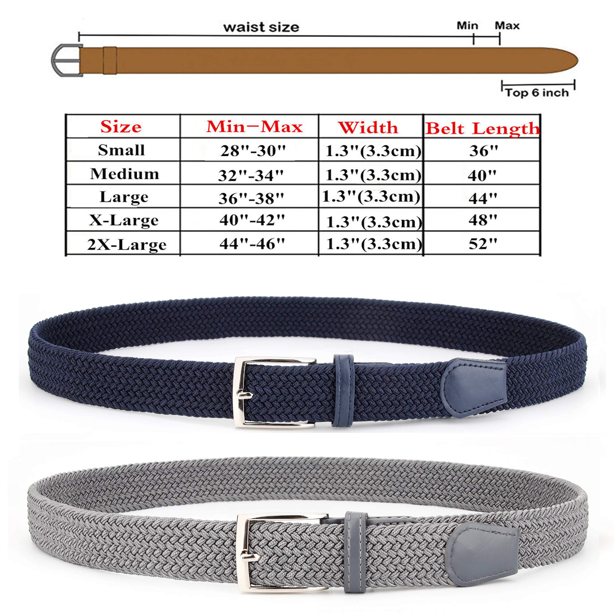 Radmire 2 Pack Elastic Braided Woven Canvas Belts for Men and Women (Blue+Grey, Medium/32-34" Waist)