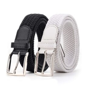 radmire 2 pack elastic braided woven canvas belts for men and women (black+white, small/28-30" waist)