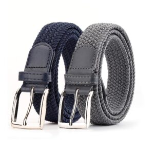 radmire 2 pack elastic braided woven canvas belts for men and women (blue+grey, medium/32-34" waist)